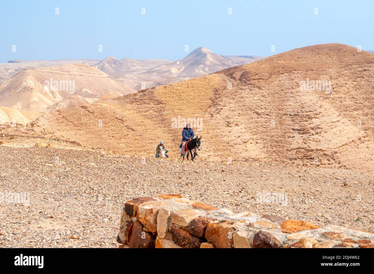 Beduin ride donkeys in the Negev Desert. Photographed in Nahal Tzeelim ...
