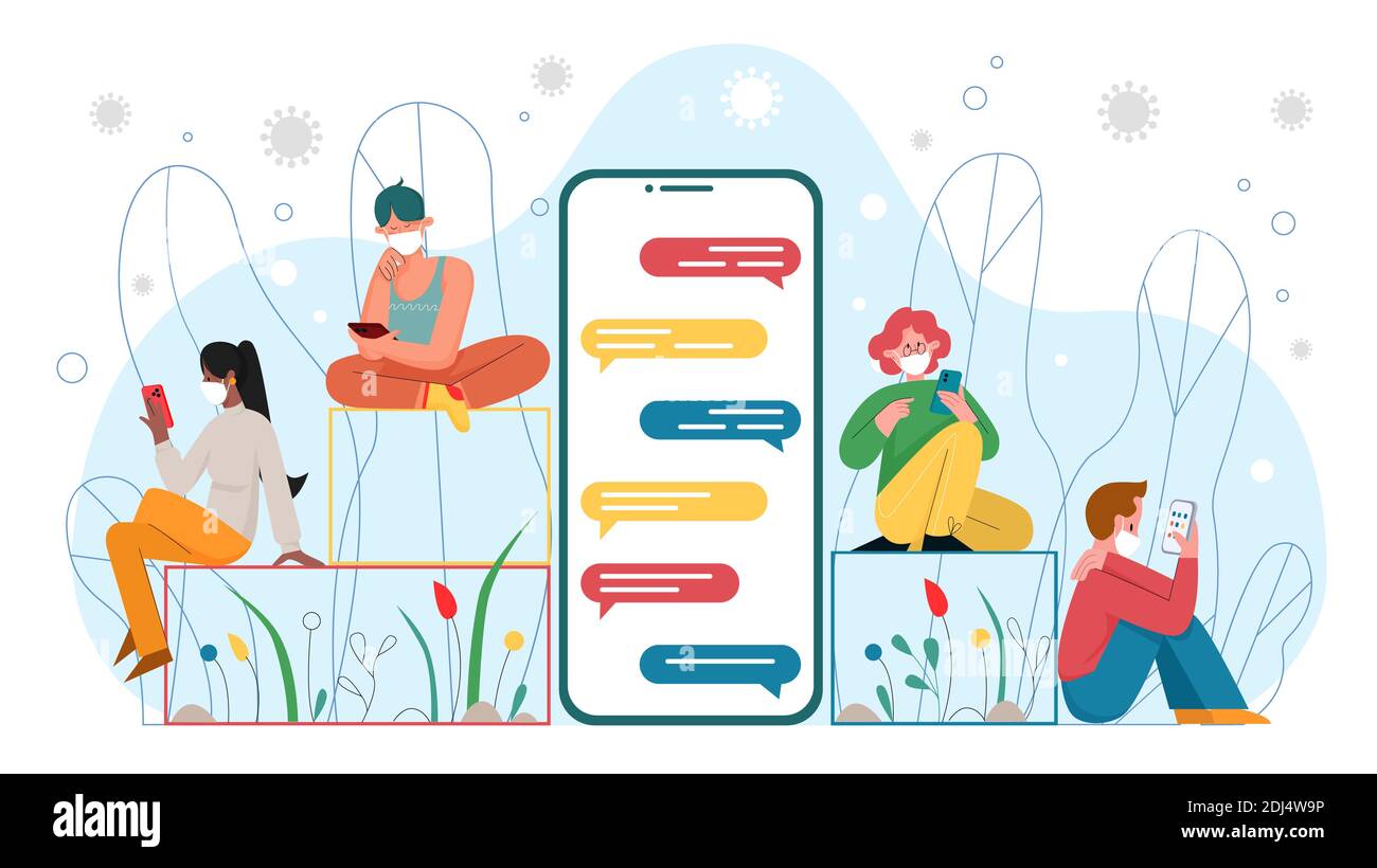 People with masks using smartphones vector illustration. Cartoon big ...