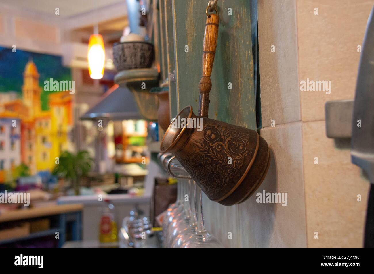 Blue kitchen decor. Blue tiles for the kitchen. Coffee maker Stock ...