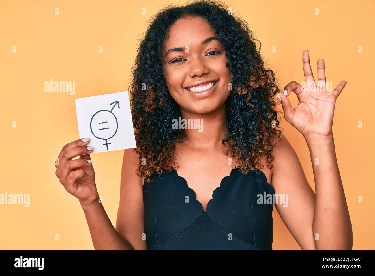 Young african american woman holding we are equal paper doing ok sign ...