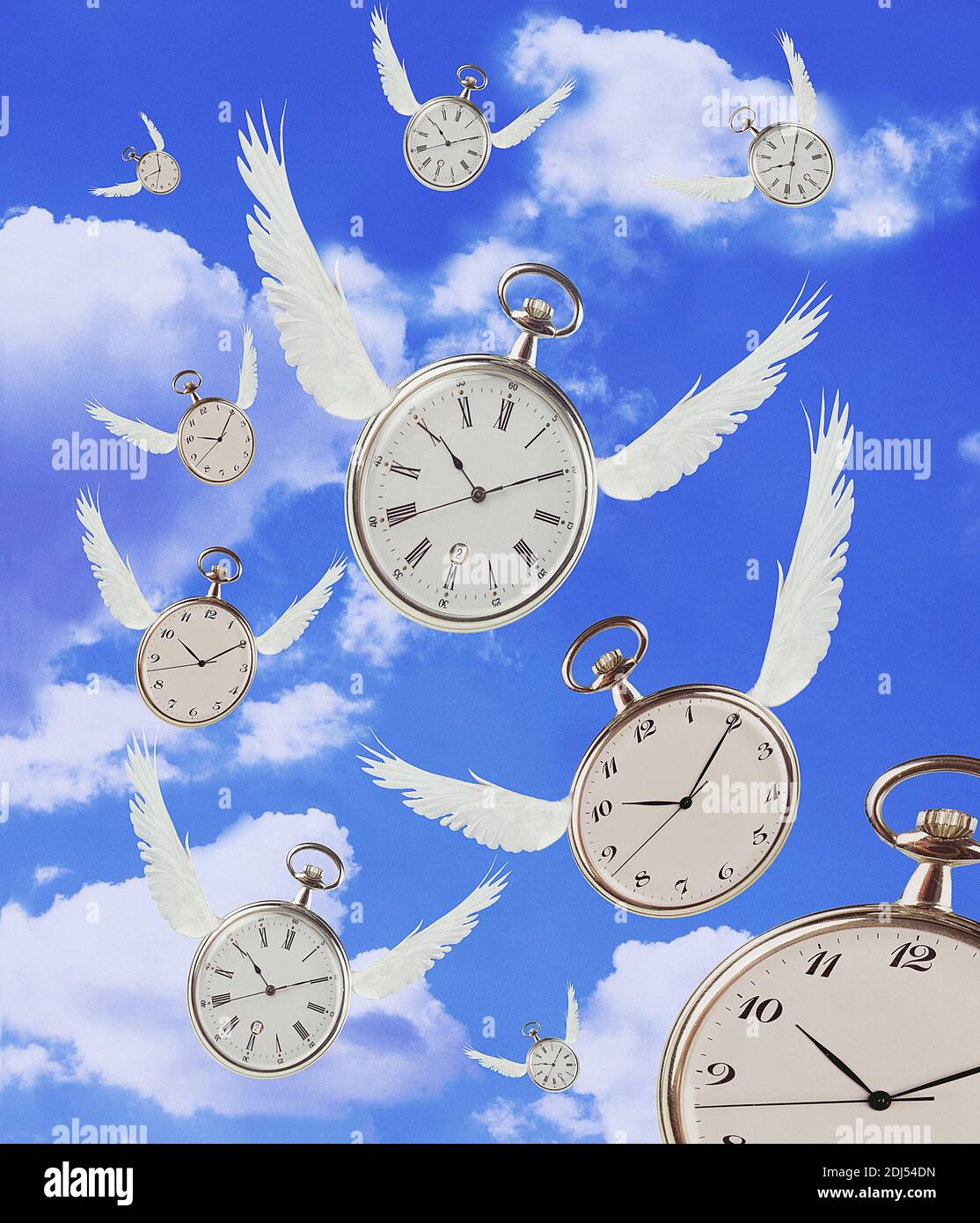 Symbolic image with Flying Clocks Stock Photo - Alamy