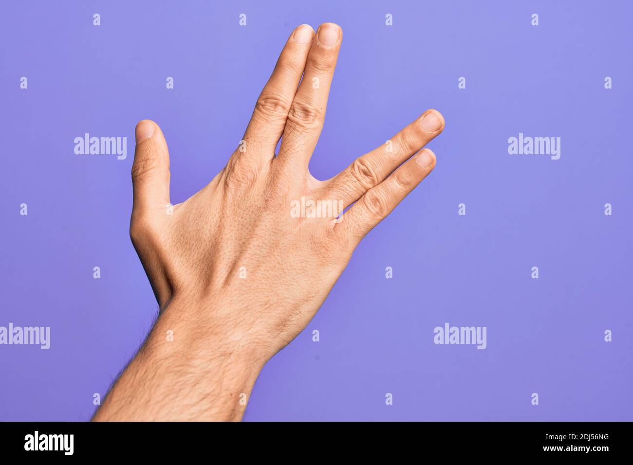 Hand of caucasian young man showing fingers over isolated purple ...