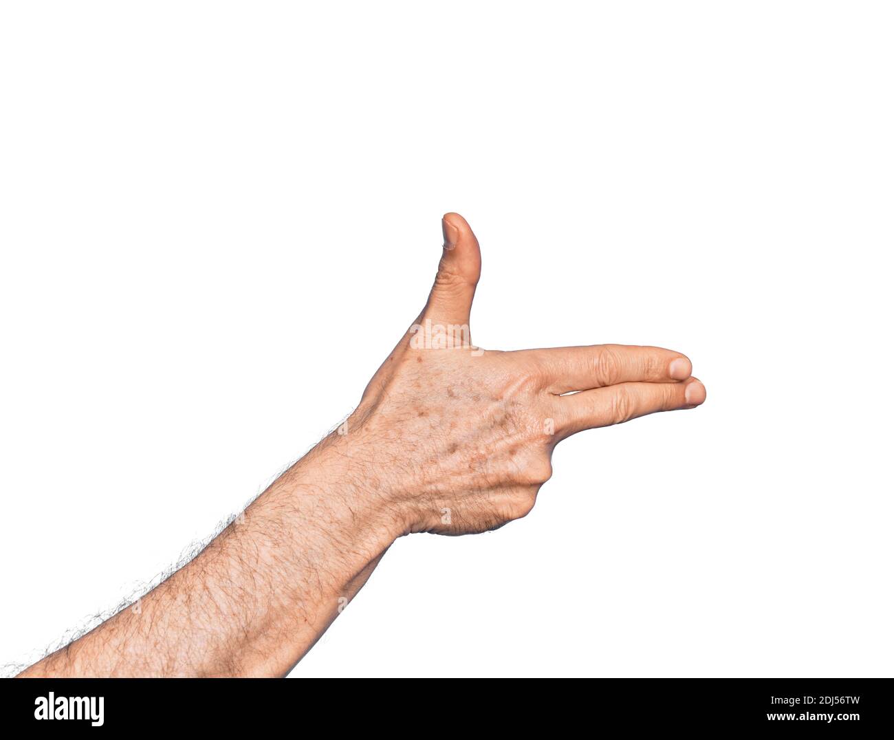 Hand of caucasian middle age man over isolated white background ...
