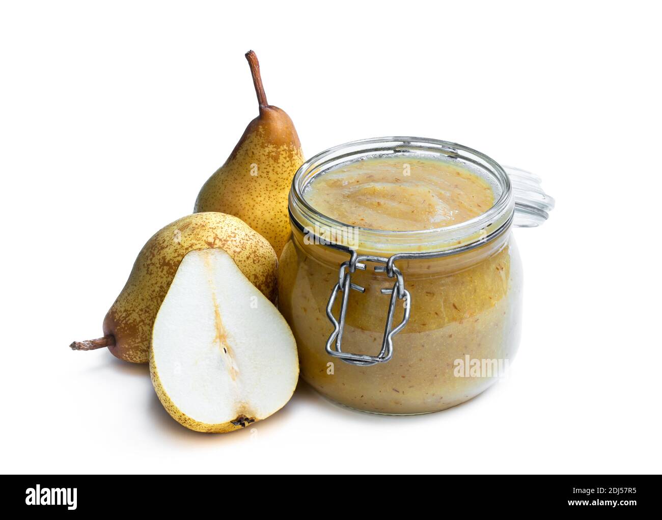 Homemade pear puree in glass jar with fresh ripe pears isolated on ...