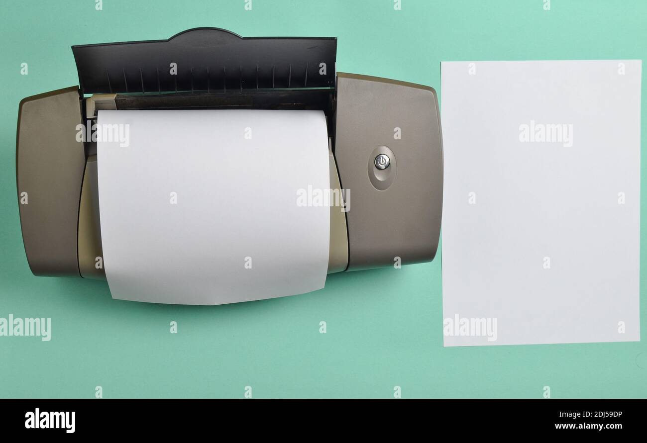 A printer with blank paper forms on a blue background. Top view, flat ...