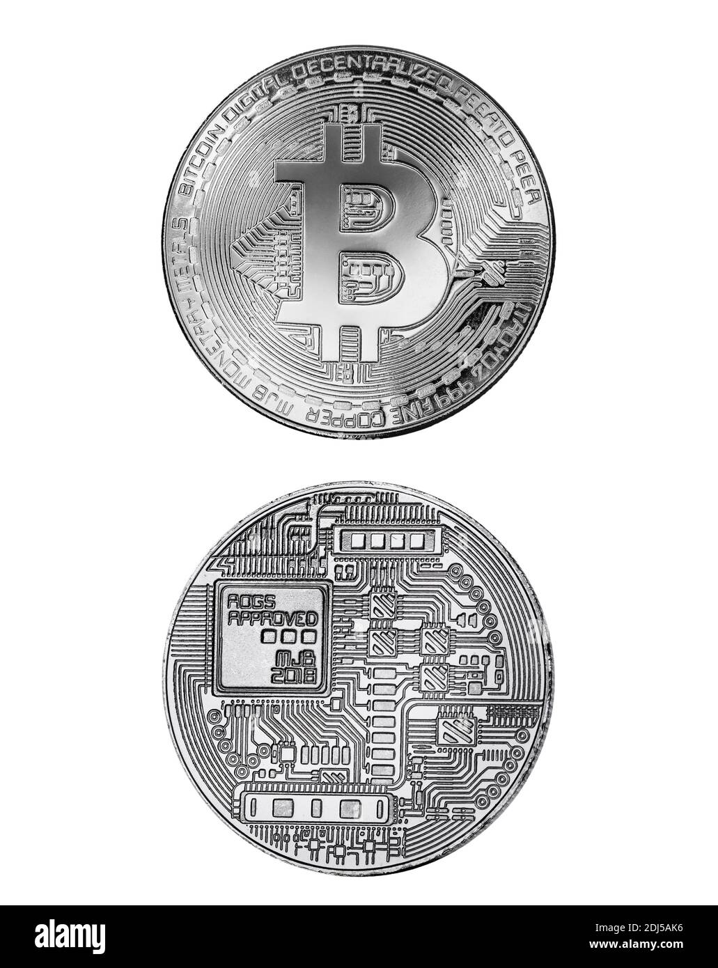 Silver bitcoin heads and tails isolated on white background ...