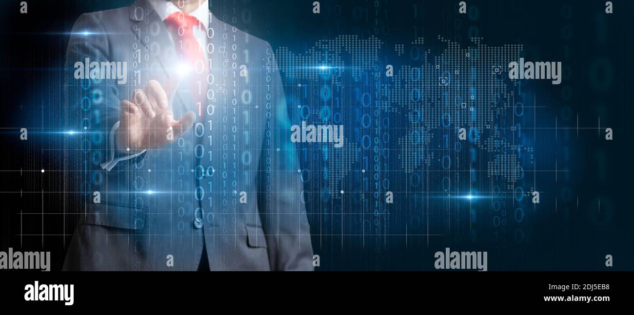 Businessman touching a virtual screen with big data statistics and business analytics concept ...