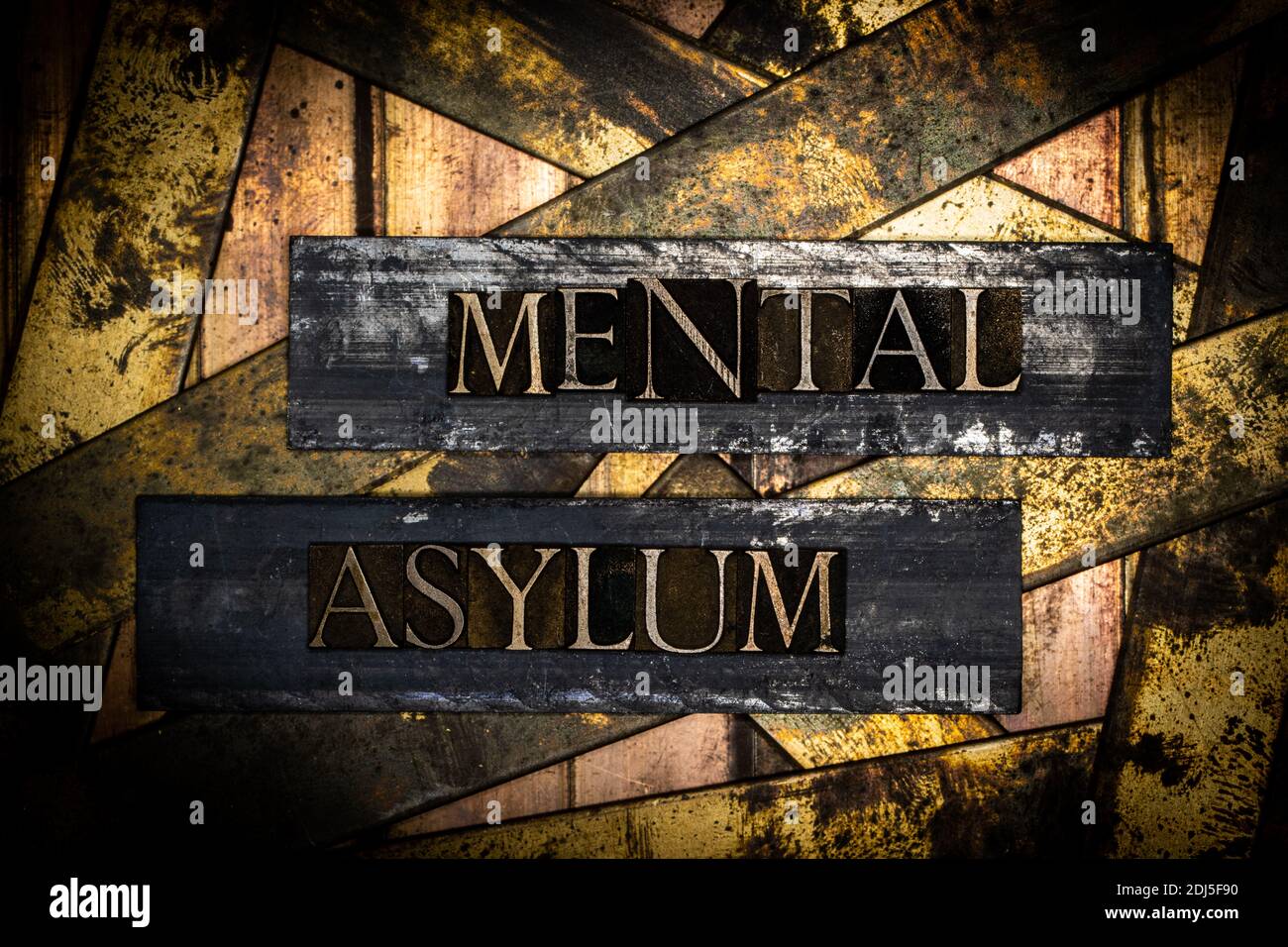 Mental Asylum text on vintage textured bronze grunge copper and gold ...