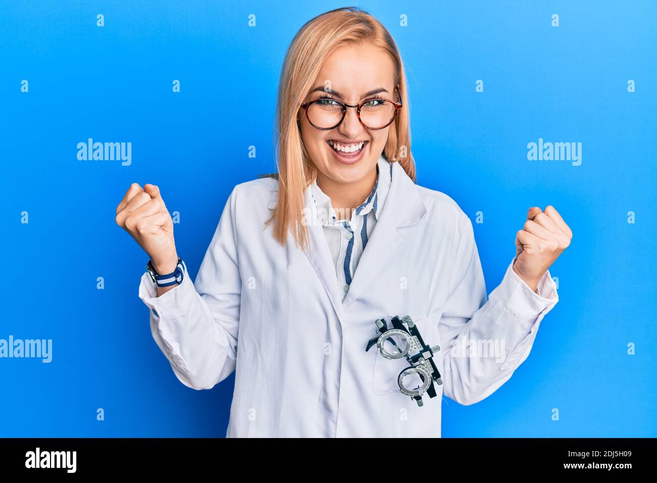 Beautiful caucasian oculist woman wearing robe and optometry glasses ...