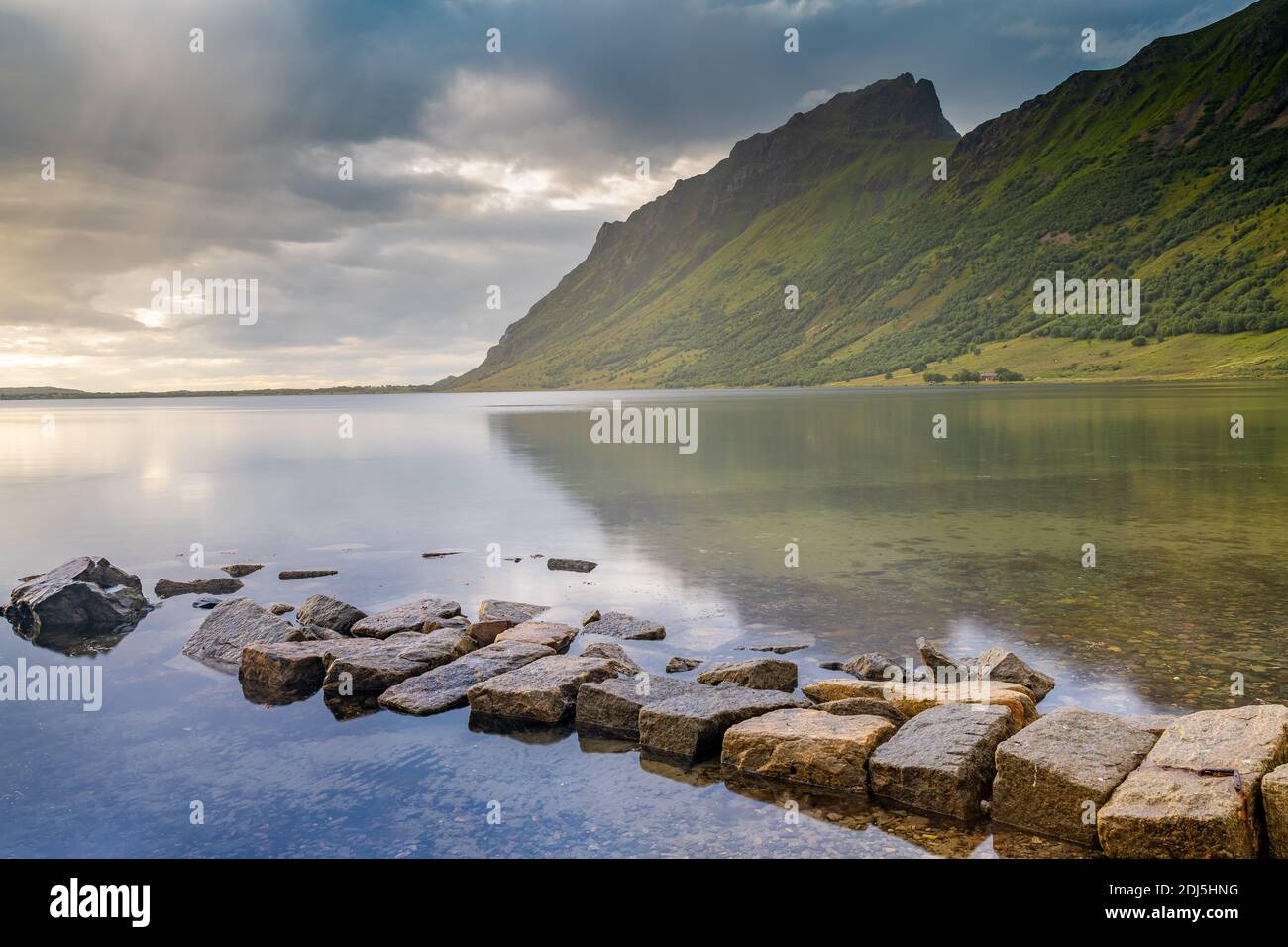 Norway landscape with fjord, mountains, forest in Lofoten , Norway ...