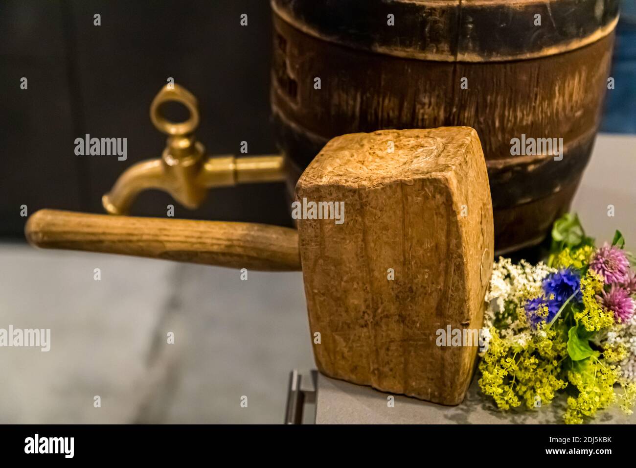 Wooden beer barrel freshly struck with a wooden hammer. Beer-Tasting ...
