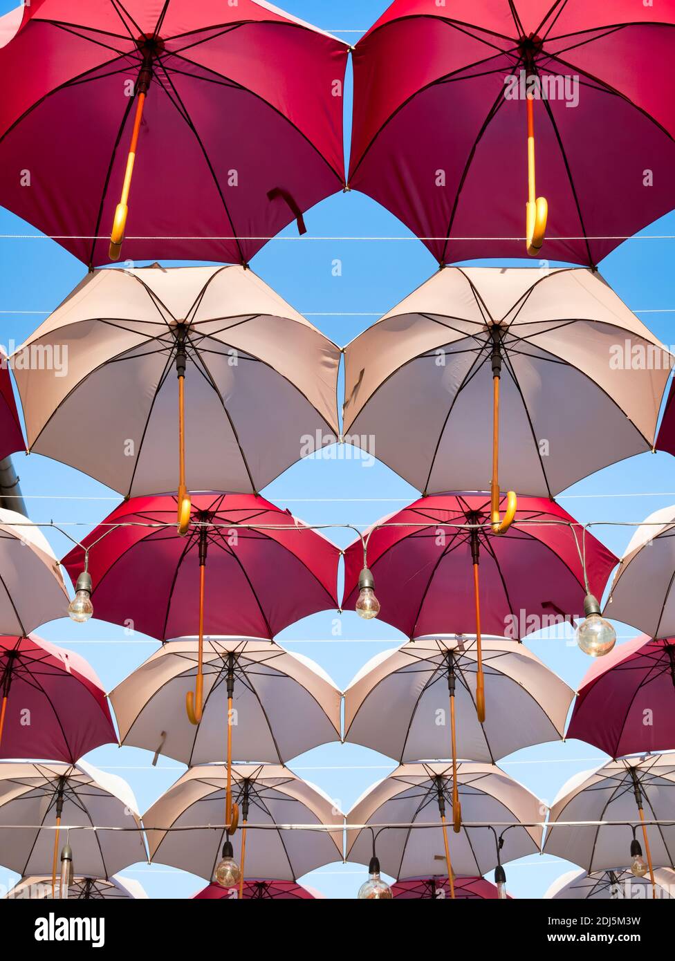 Suspended colored umbrellas and light bulbs against blue sky Stock ...
