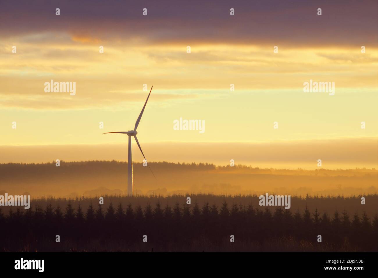 Wind power turbines in the countryside at sunset. West Lothian ...