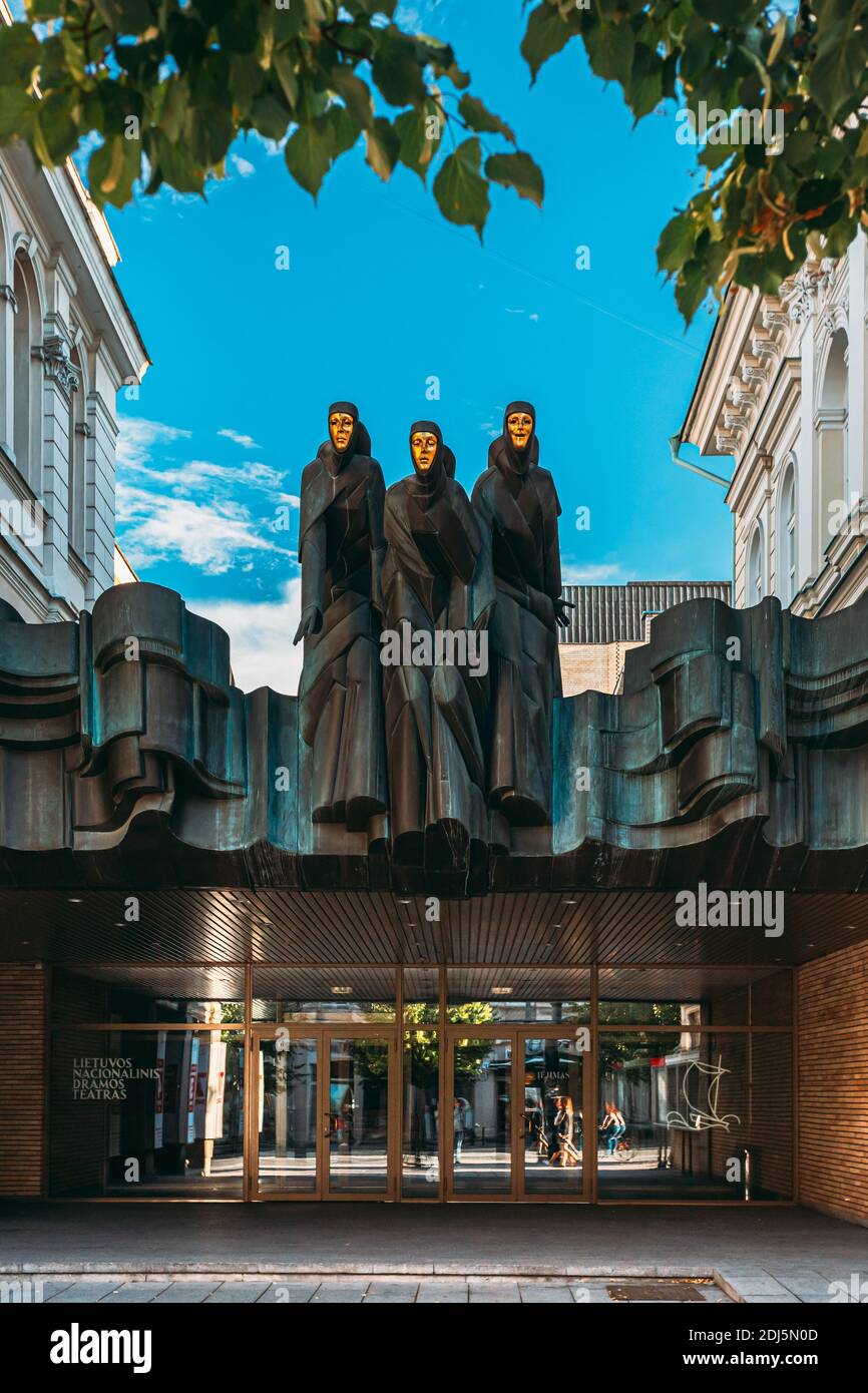 Vilnius, Lithuania, Eastern Europe. Sculpture Of Three Muses On Facade ...