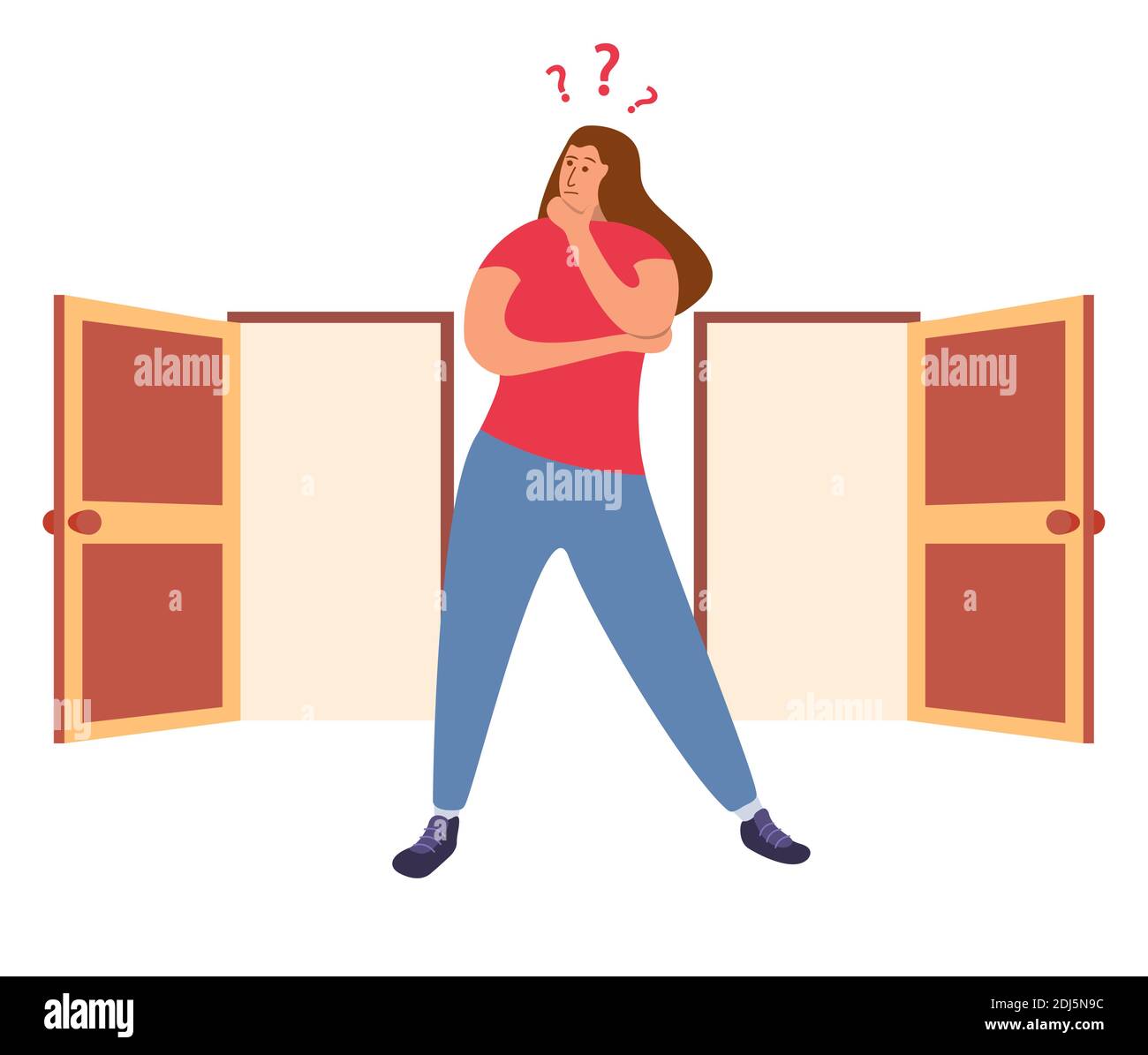 Two entrance choice. Girl question mark choosing between two doors ...