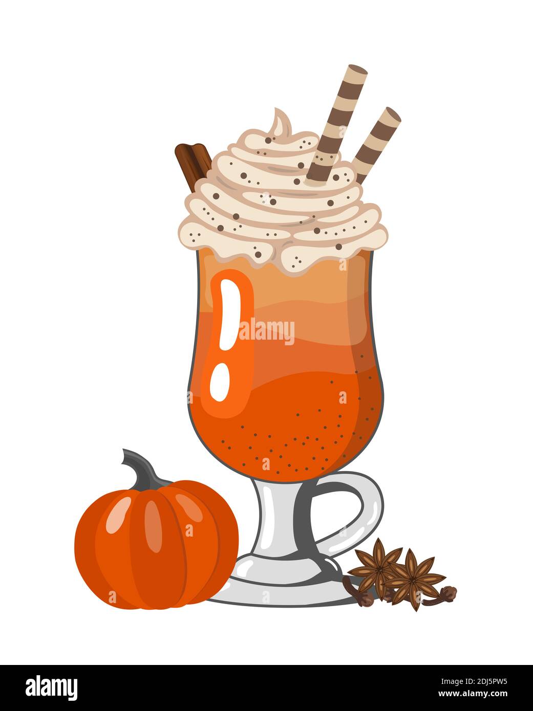 Pumpkin spiced latte or coffee in glass. Autumn or winter hot drink on ...