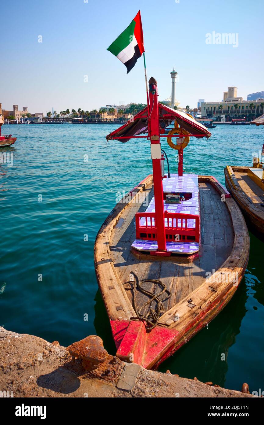 Traditional arabian abra boat at the Creek in Deira, Dubai, United Arab ...