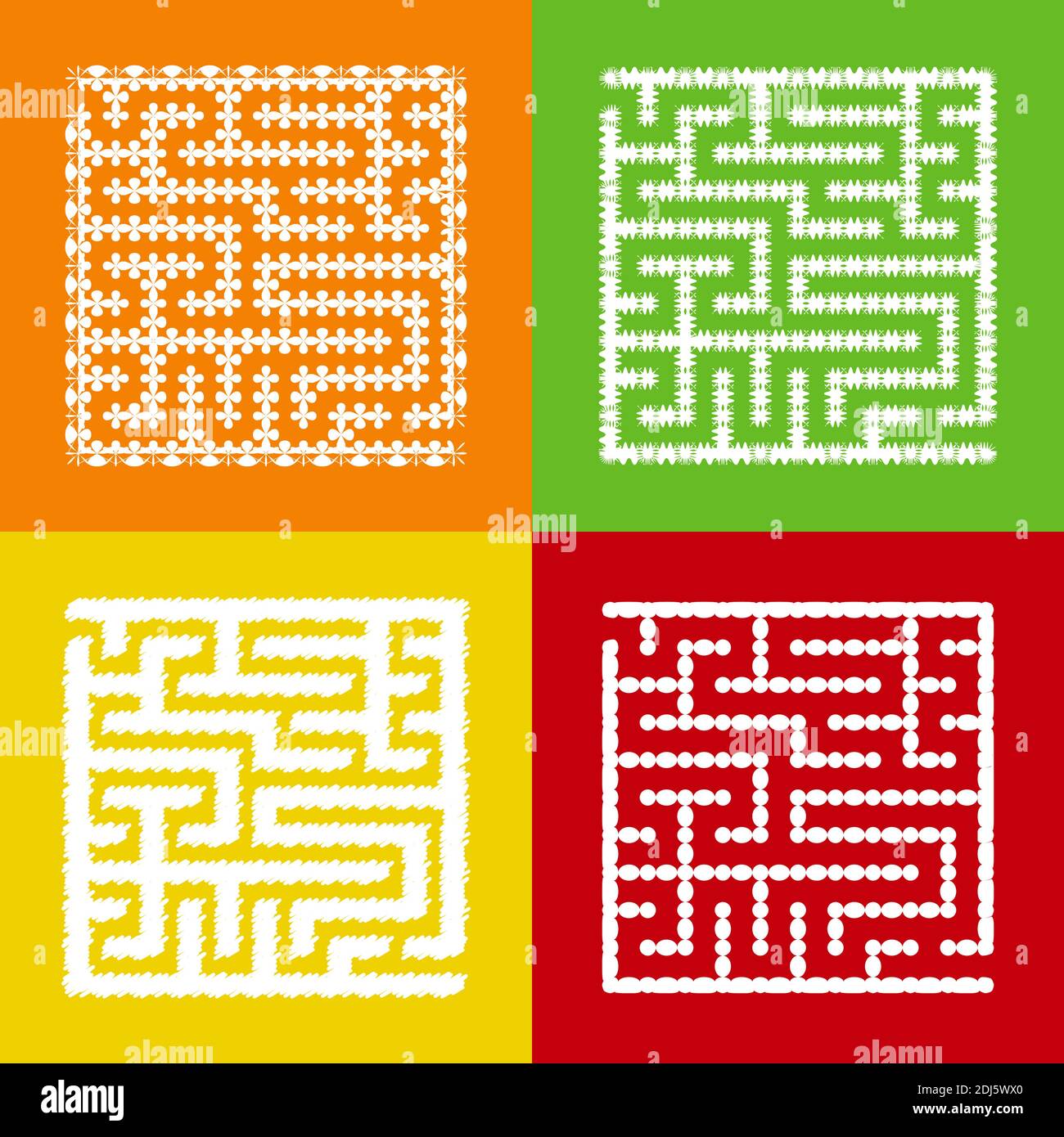 Set of four square labyrinths on a colored background. Four options for ...