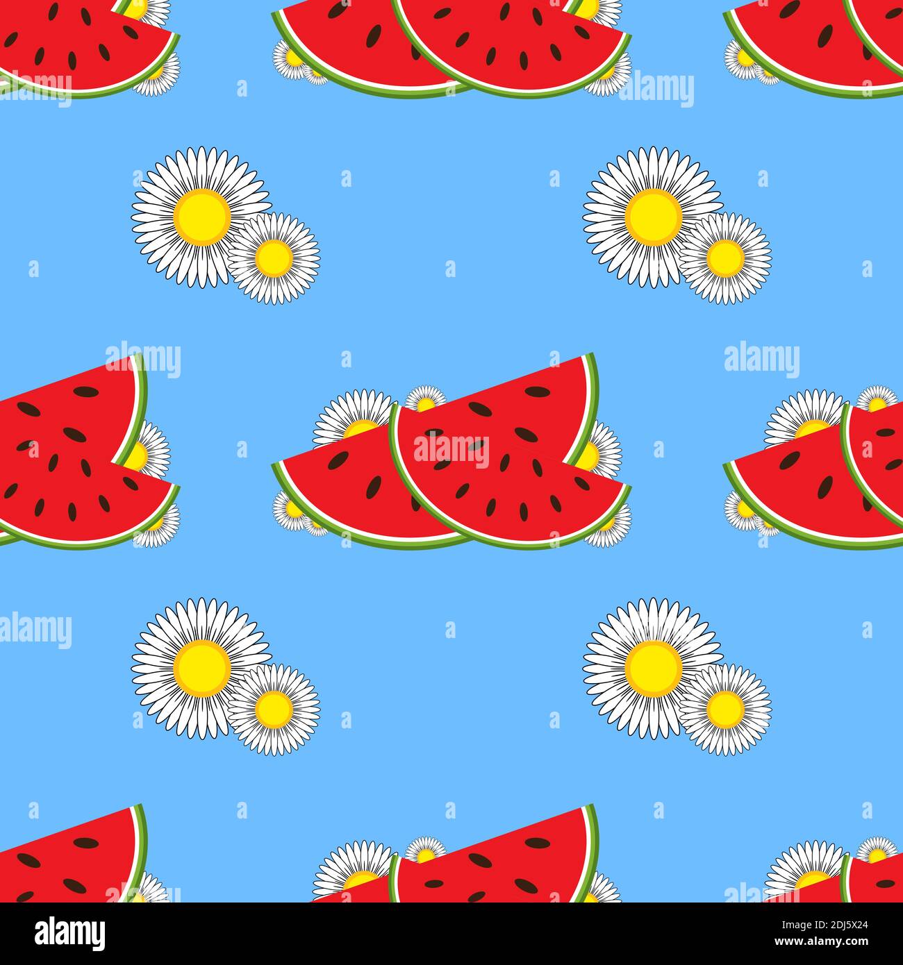 Colorful seamless pattern of red watermelons and small white flowers on ...