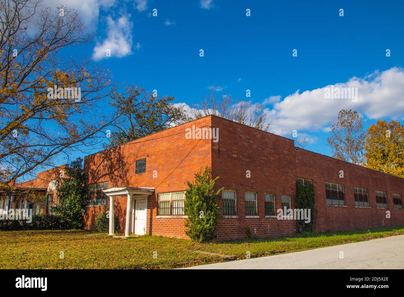 Augusta, Ga USA - 11 04 20: Old brick building with bars on teh windows ...
