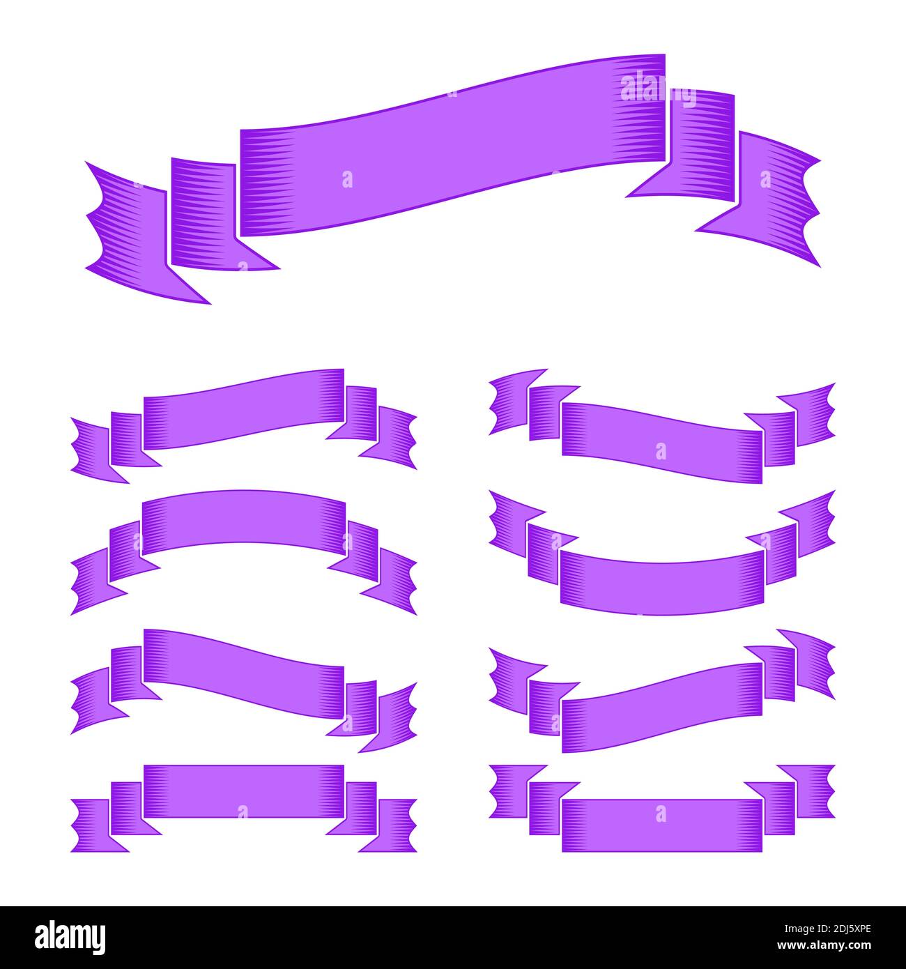 Set of violet curved isolated ribbons banners on white background ...