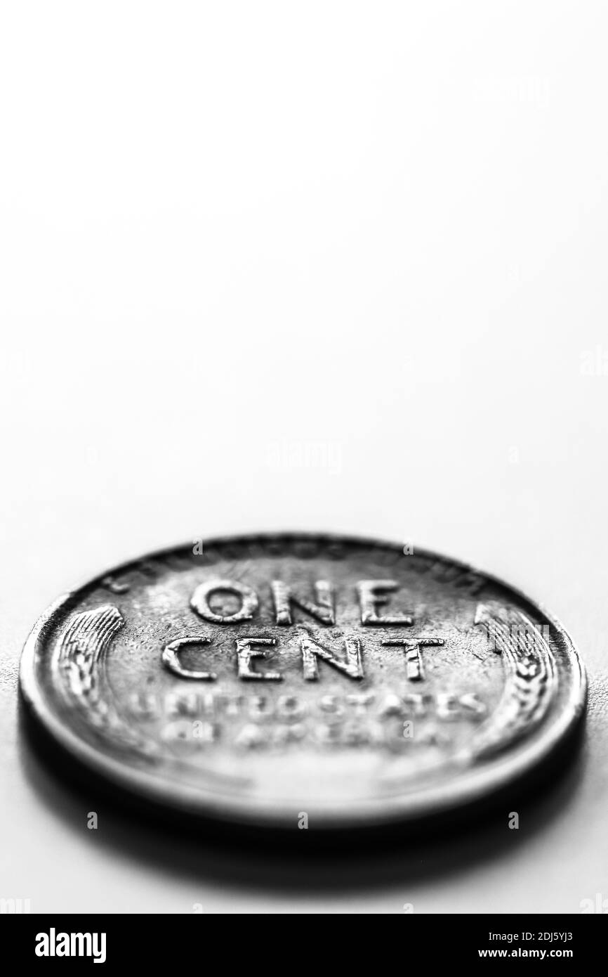 Macro close-up of one cent us coin on white background with copy space ...