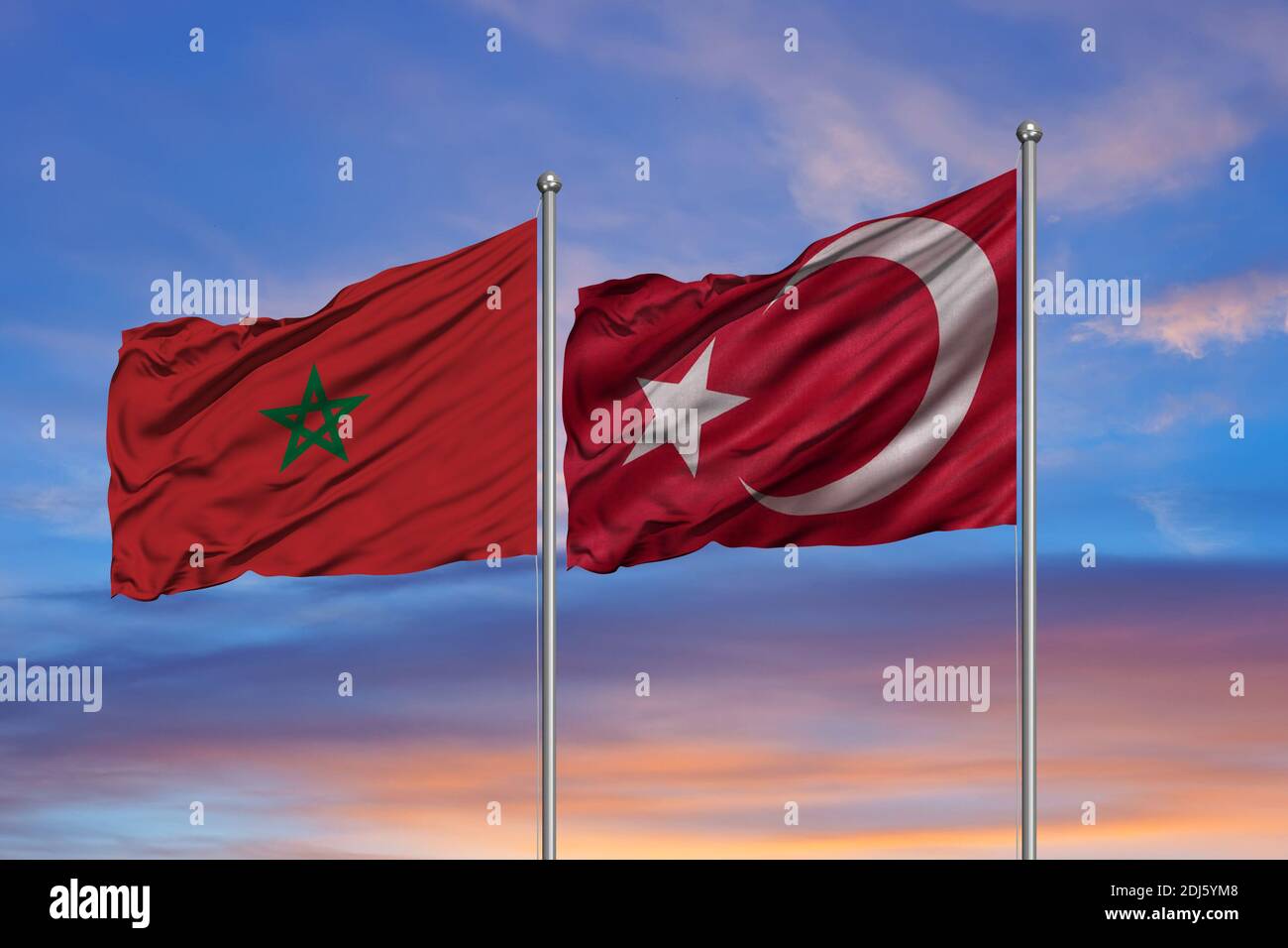 Flag of Morocco and Turkey over the background of the sky Stock Photo ...
