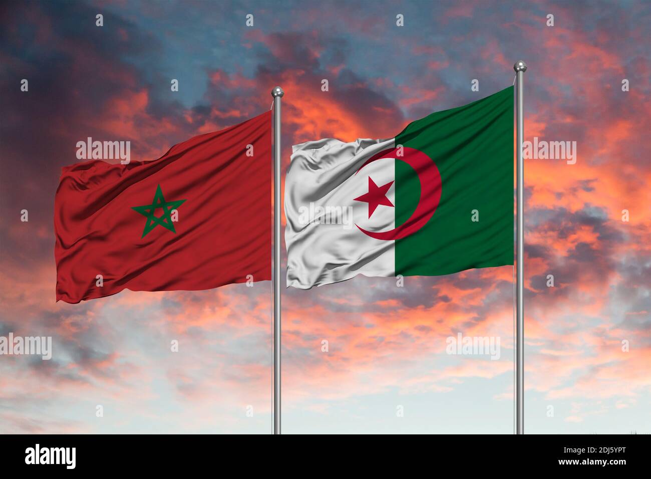Flag of Morocco and Algeria waving together in the blue sky Stock Photo ...
