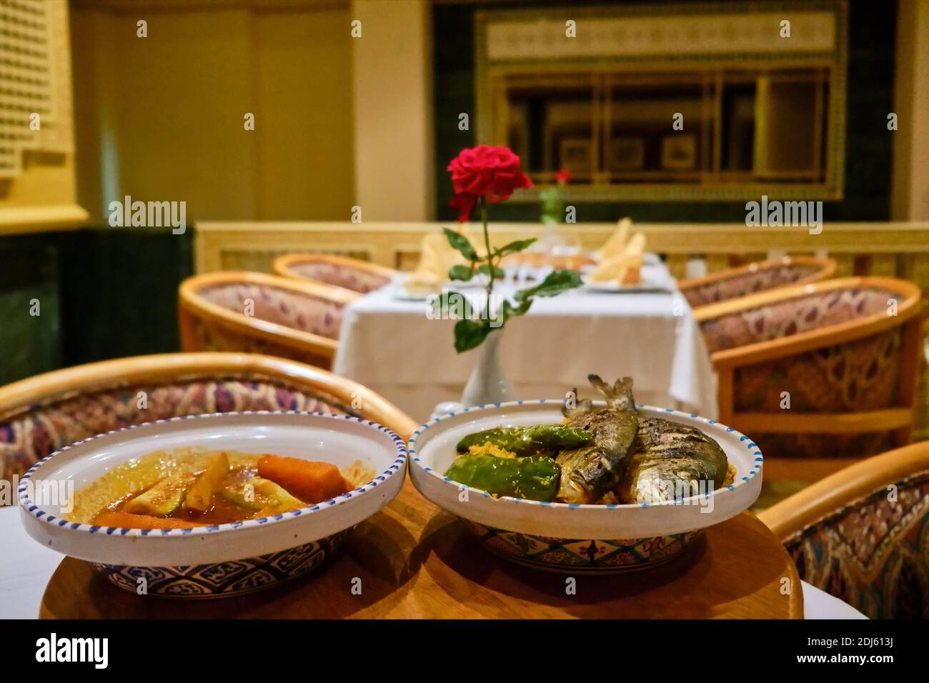 Fish and couscous dishes in the traditional Arabic restaurant Stock ...