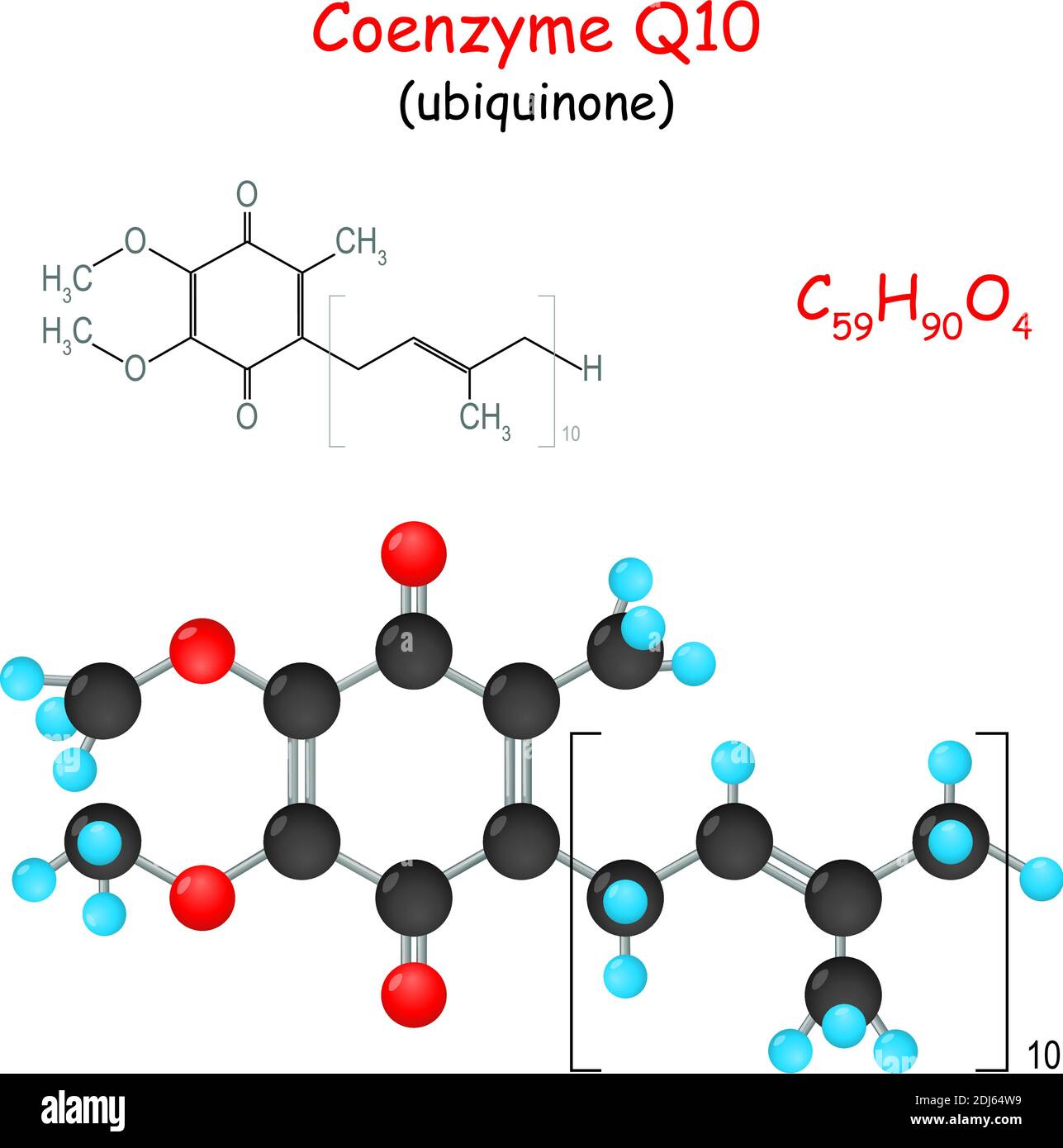 Coenzyme Q10. Chemical structural formula and model of molecule of ...