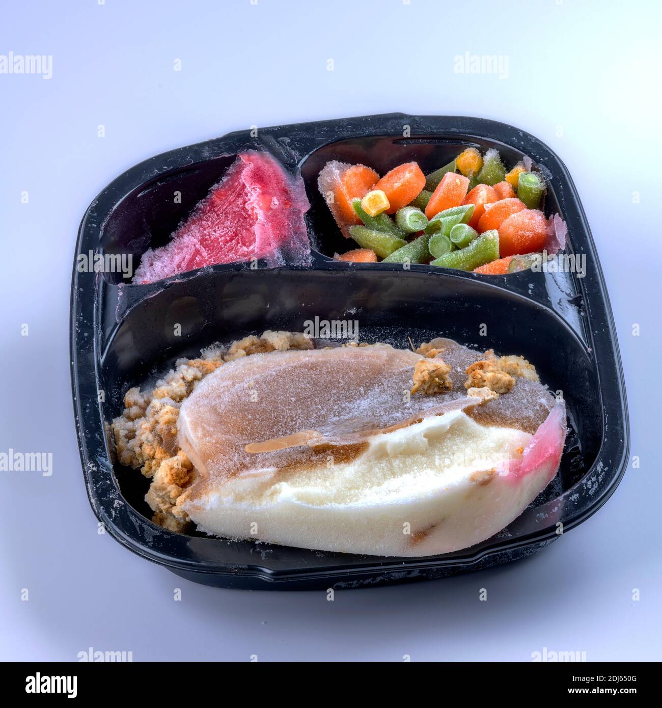 Frozen TV dinner of Turkey potatoes and vegetable selection Stock Photo ...