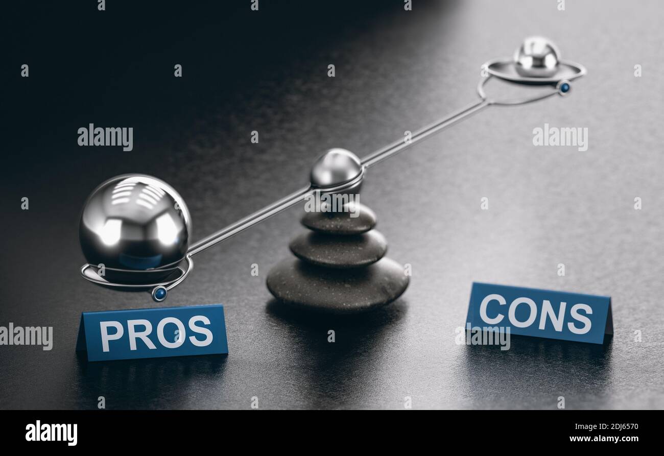 3D illustration of a scale with the words pros ans cons over black ...