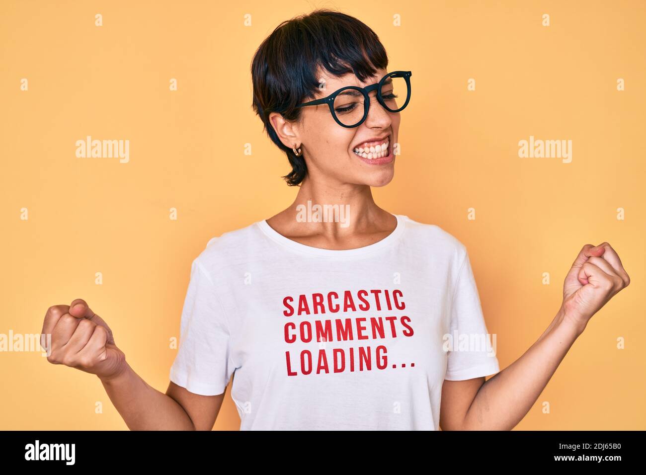 Beautiful brunettte woman wearing sarcastic comments loading t-shirt ...