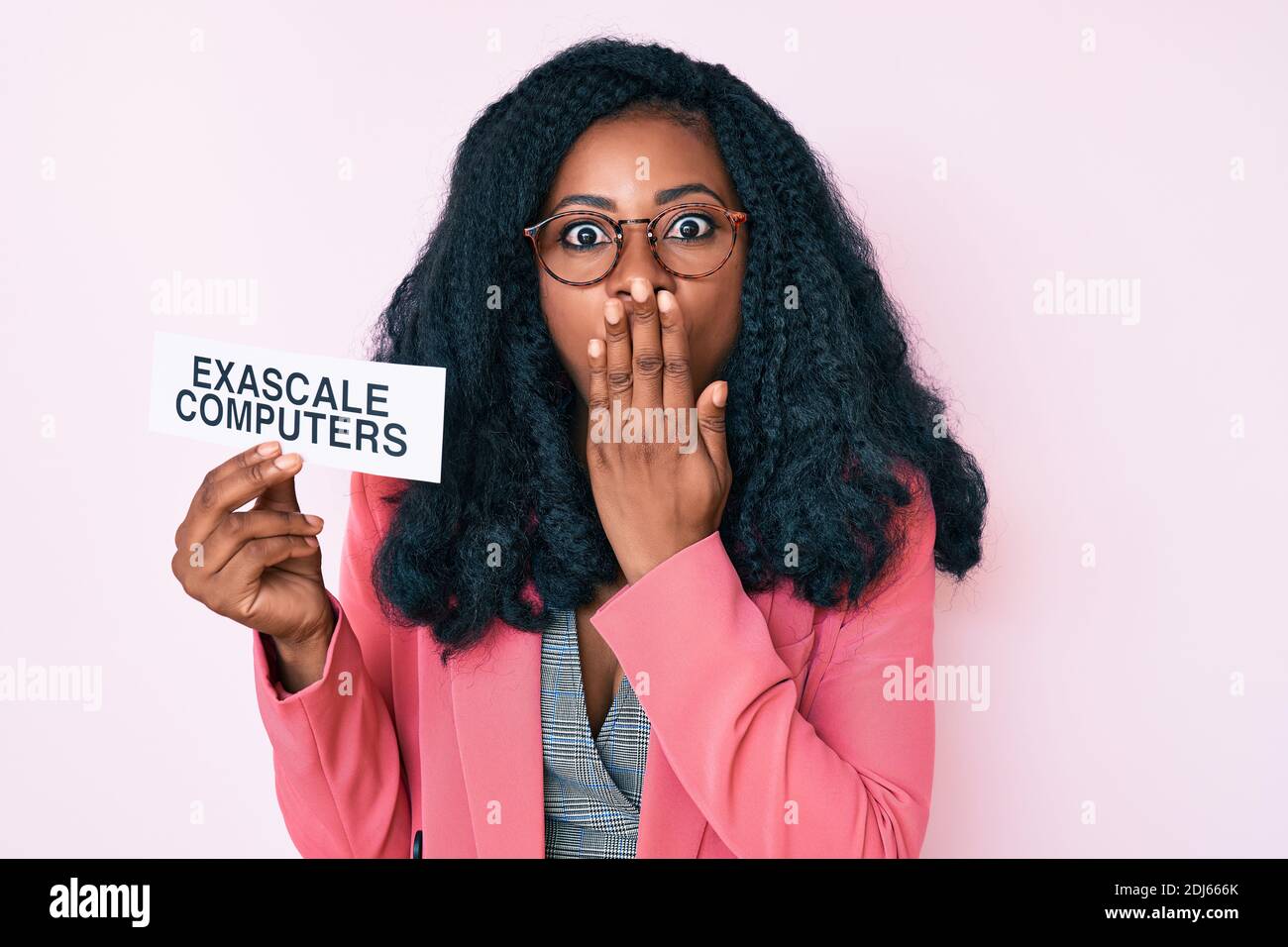 Beautiful african woman holding exascale computers banner covering ...