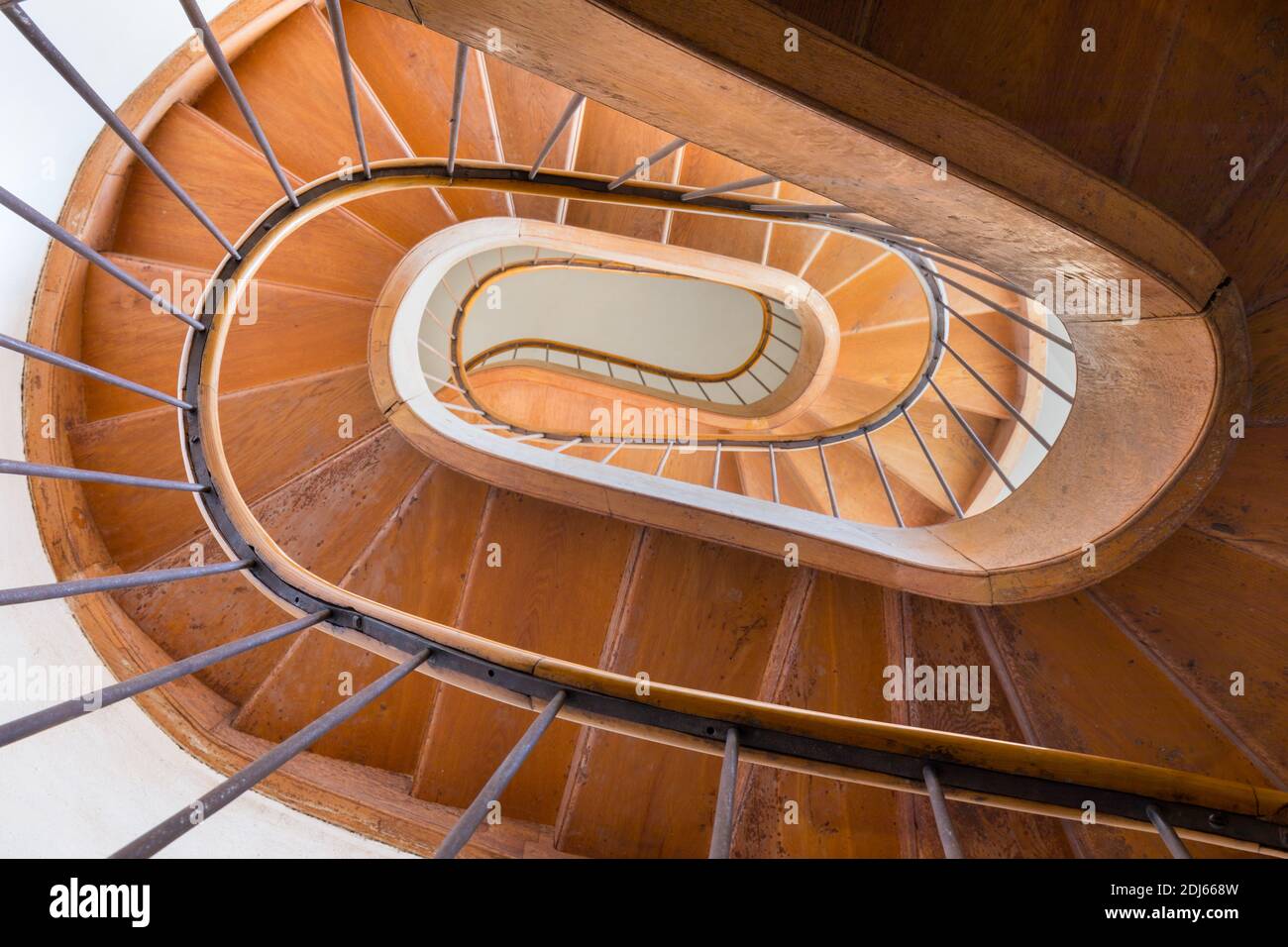 Historical wooden spiral staircase, the view from above architecture ...