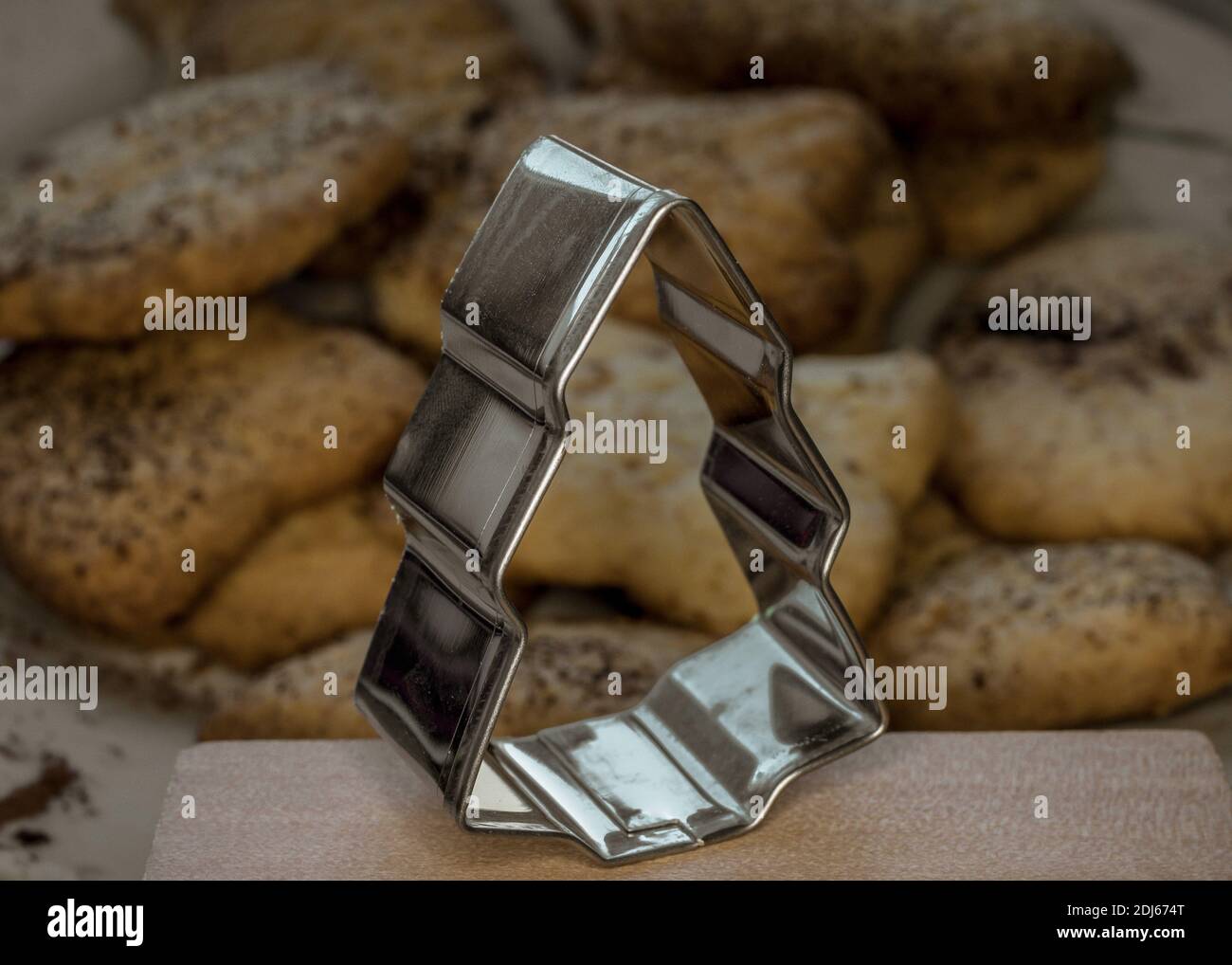 A closeup shot of a Christmas tree-shaped cookie mold by the cookies ...