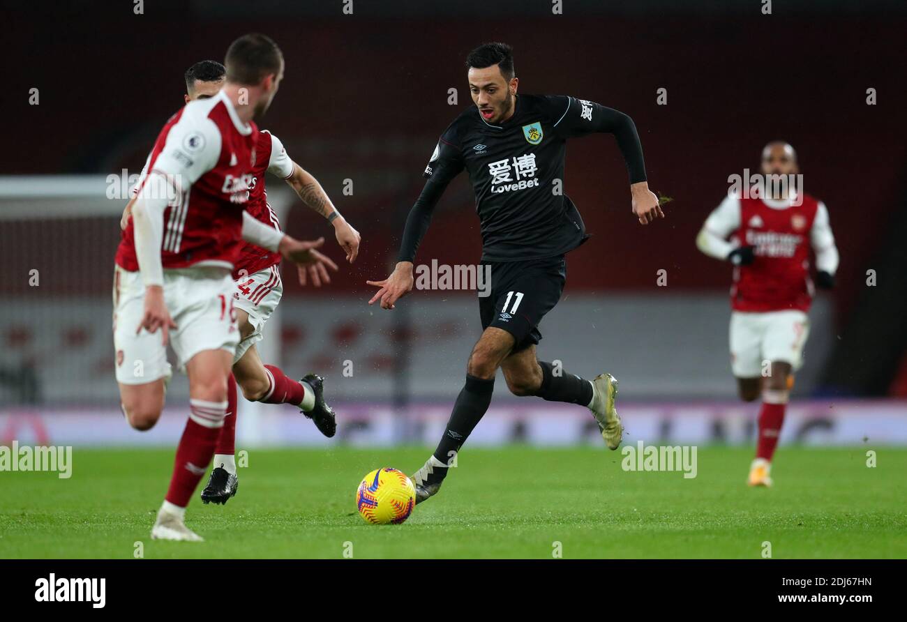 Burnley's Dwight McNeil runs at the Arsenal defence during the Premier ...