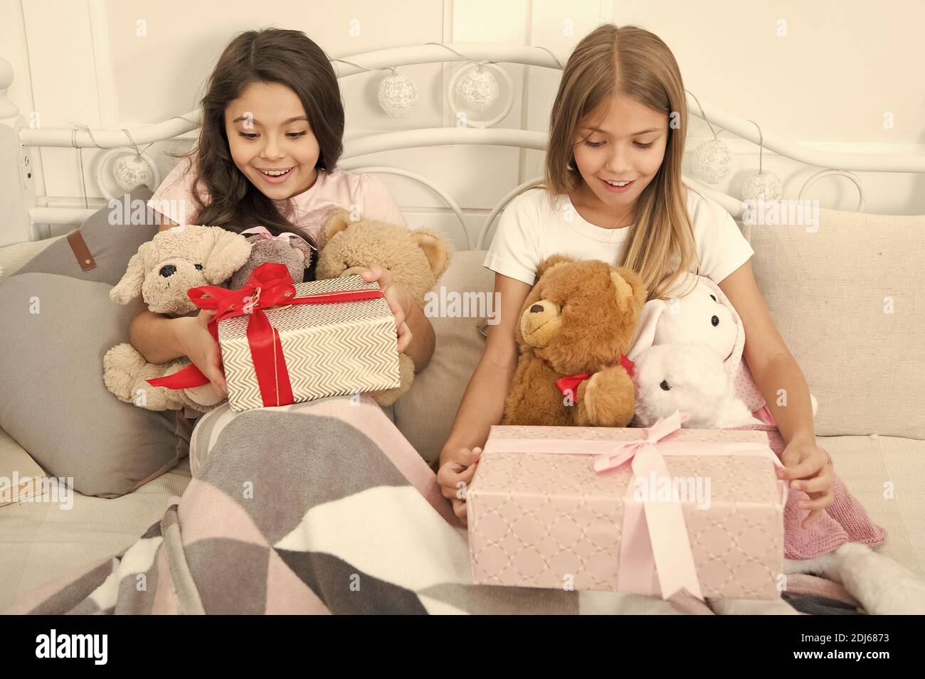 Birthday surprise. Surprised kids. Birthday girls. Happy children ...