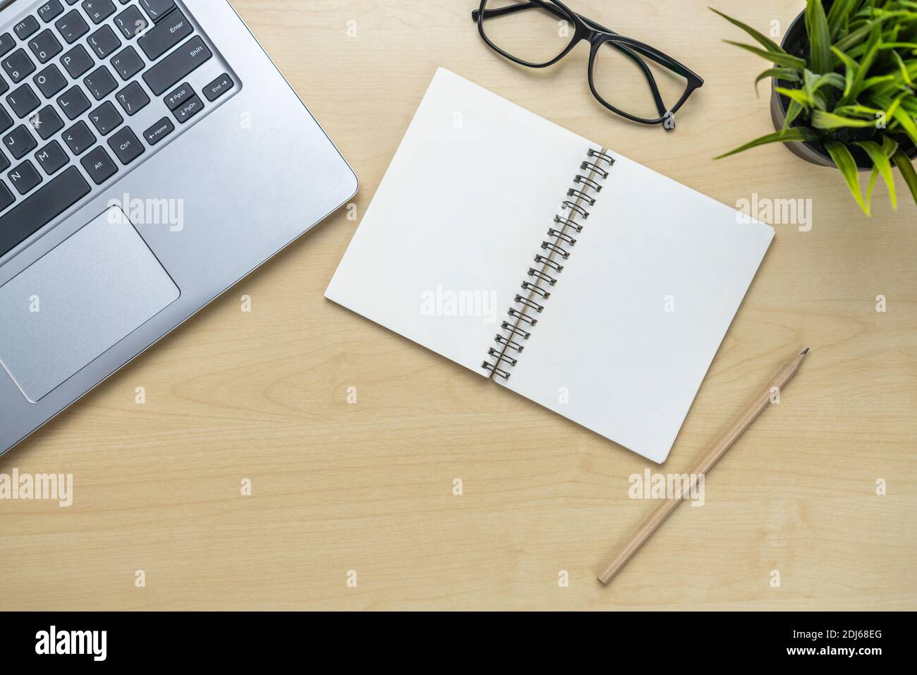 Office desk workspace and table background from top view above flat lay ...