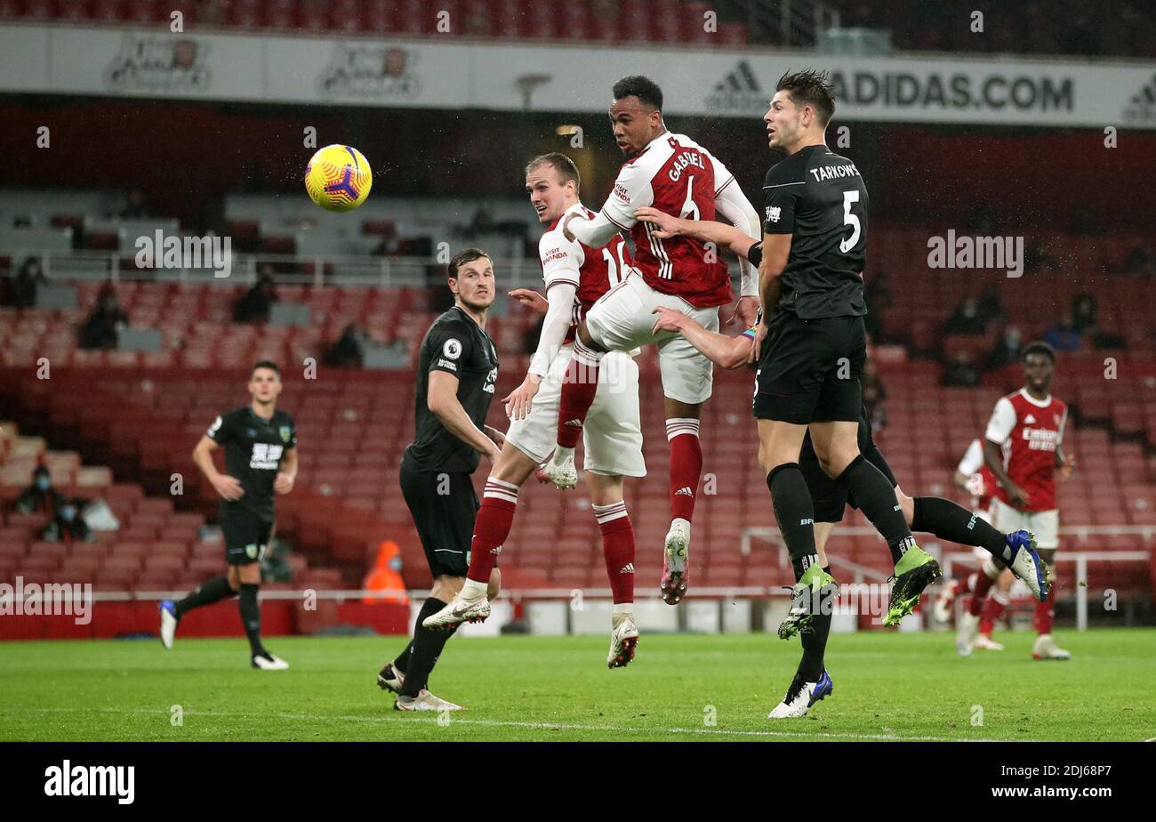Arsenal's Gabriel Magalhaes has a headed attempt on goal during the ...