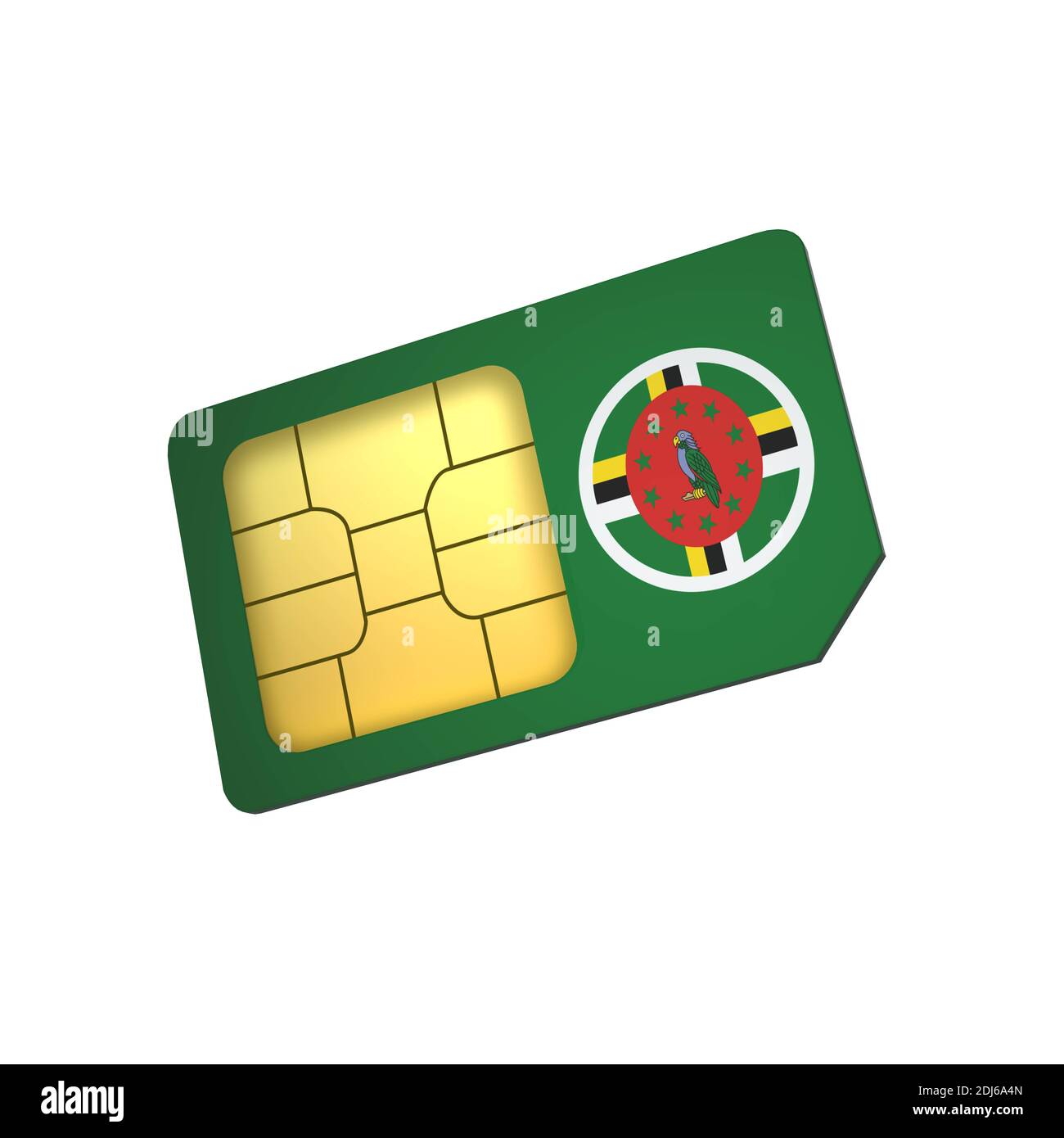 3D mobile phone sim card chip with Flag of Dominica isolated on a white ...
