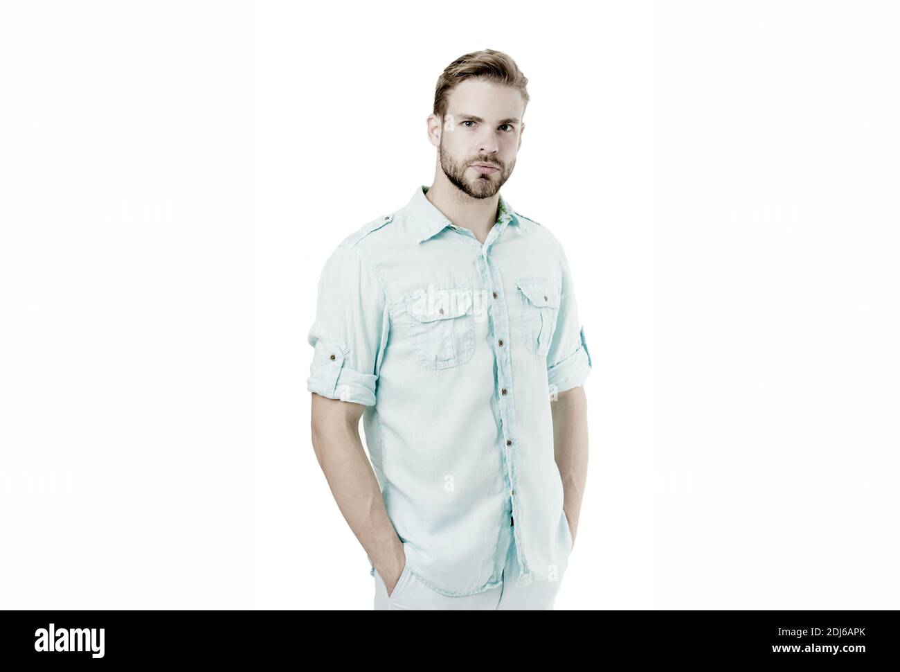 Fashion shop. Man with stylish hair and healthy skin. Guy with unshaven ...