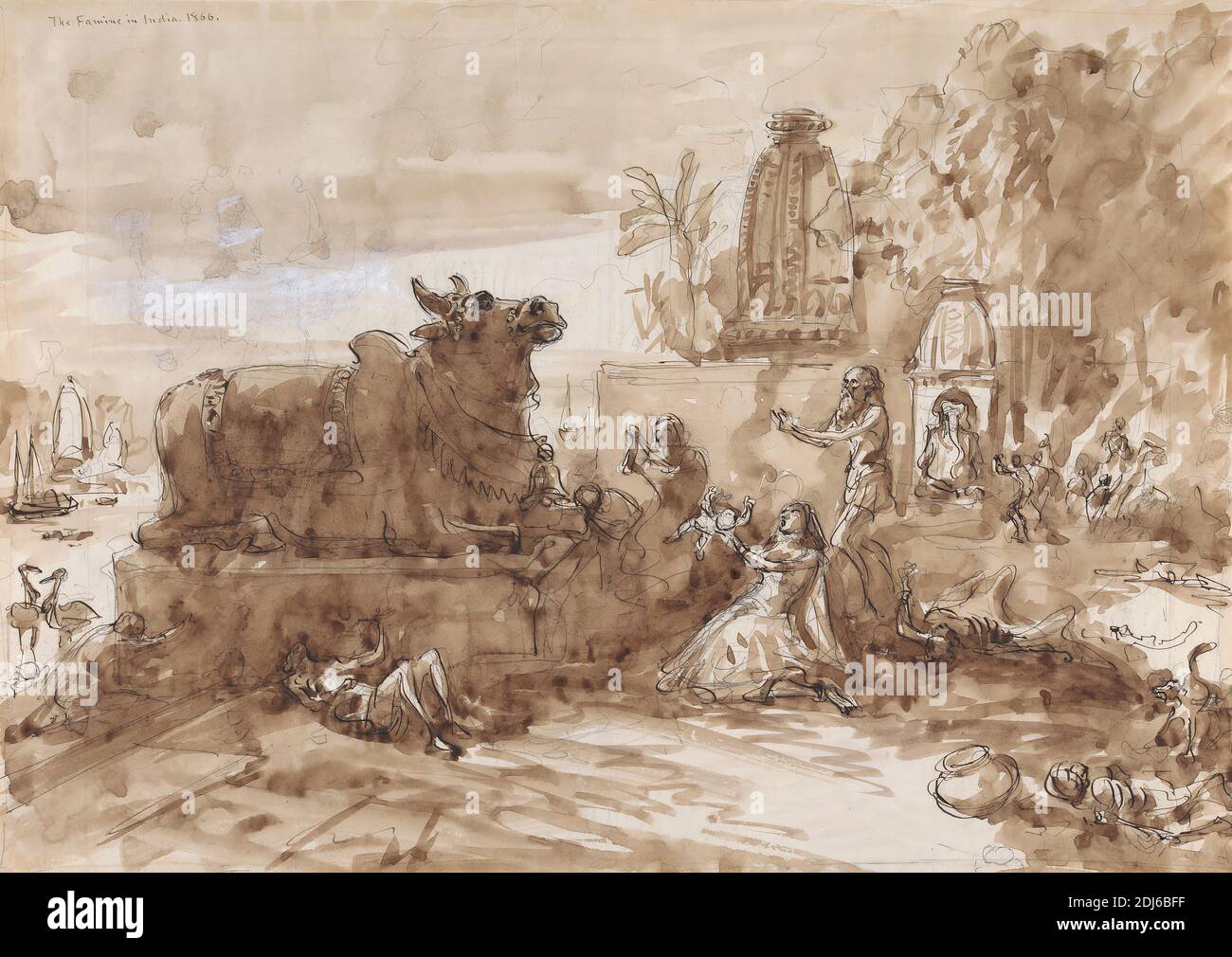 Famine in India, William Simpson, 1823–1899, British, 1866, Brown wash ...