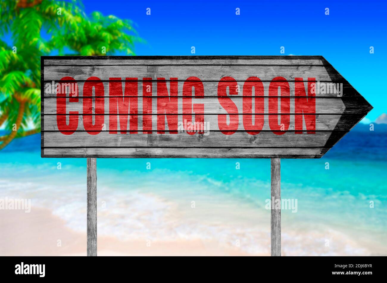 Red Coming Soon wooden sign with on a beach background Stock Photo - Alamy