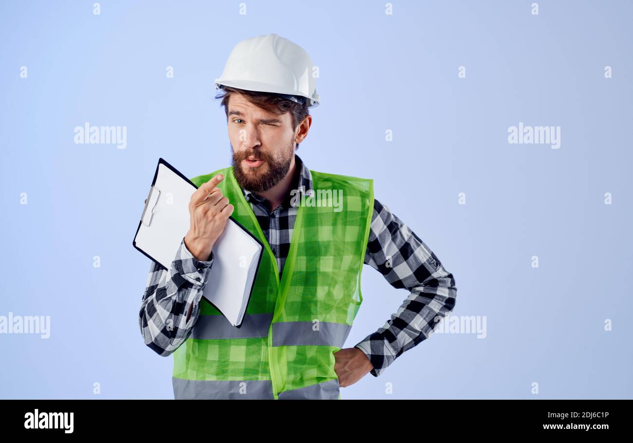 Man in working uniform white hard hat safety work Professional Stock ...
