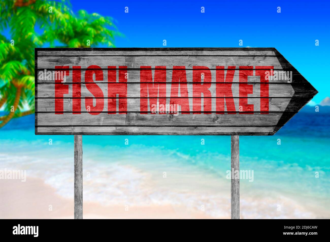 Red Fish Market wooden sign with on a beach background Stock Photo - Alamy