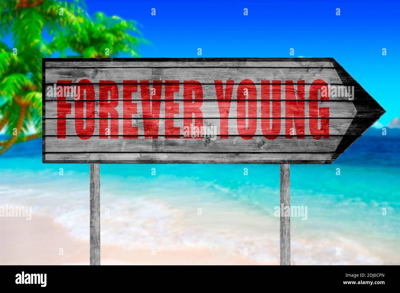 Red Forever Young sign with on beach background Stock Photo - Alamy