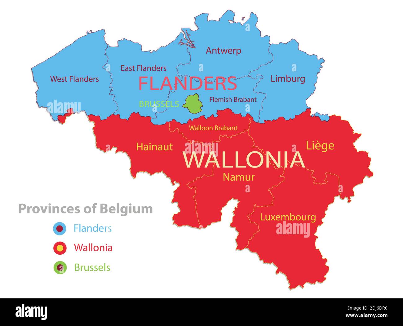 Belgium map, individual regions and provinces with names vector Stock ...