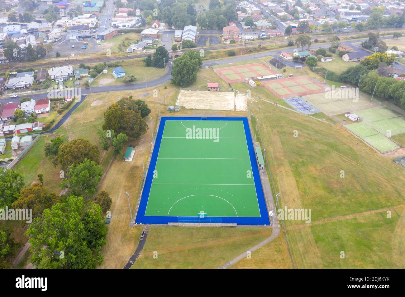 Aerial view of a field hockey ground in the township of Lithgow in the ...