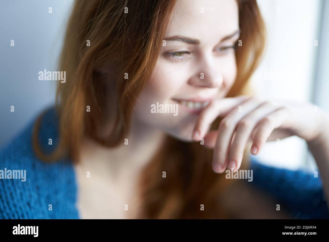 beautiful pretty woman blue plaid rest close-up window interior Stock ...